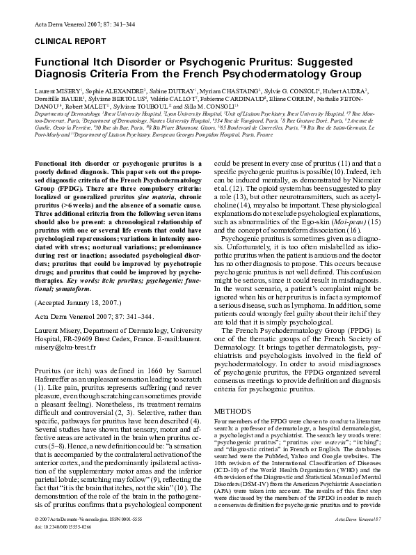 (PDF) Functional Itch Disorder or Psychogenic Pruritus: Suggested ...