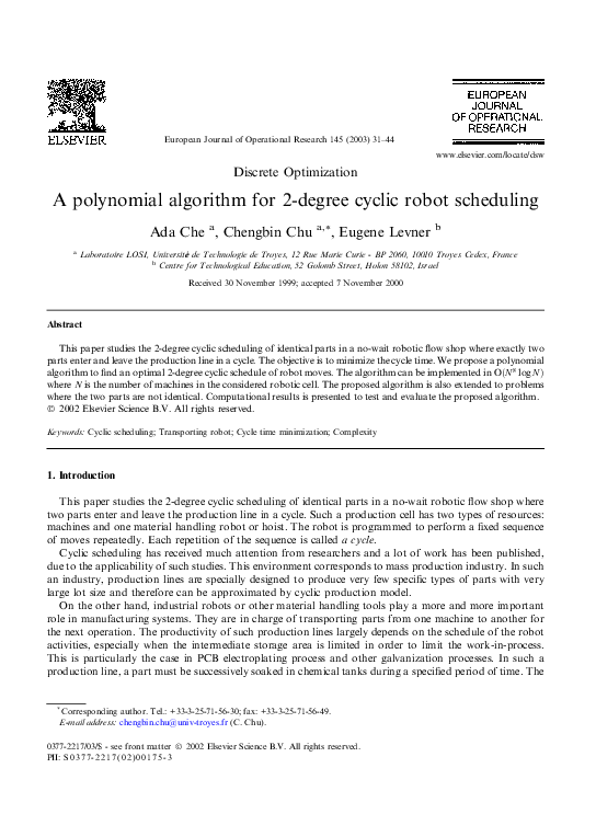 (PDF) A polynomial algorithm for 2-degree cyclic robot scheduling