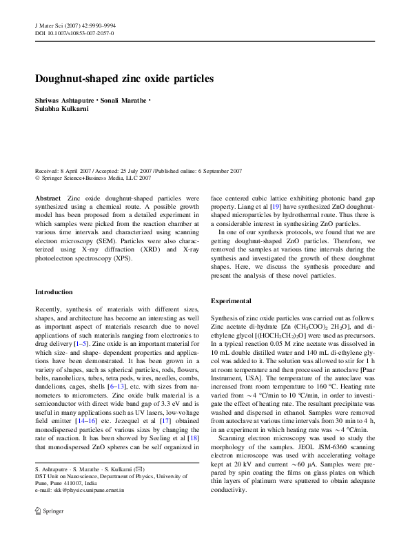 (PDF) Doughnut-shaped zinc oxide particles