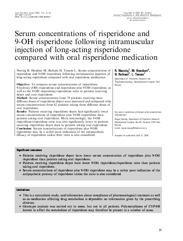 (PDF) Serum concentrations of risperidone and 9-OH risperidone ...