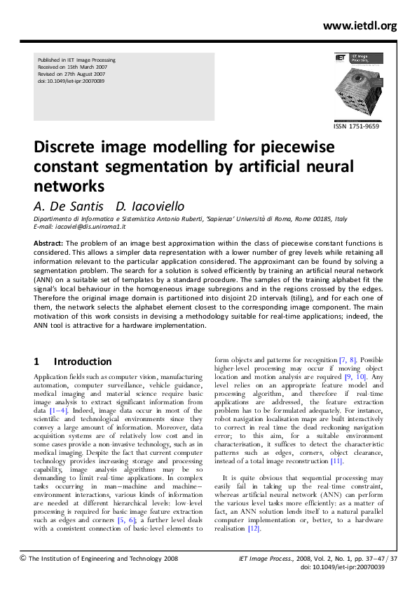 Pdf Discrete Image Modelling For Piecewise Constant Segmentation By Artificial Neural Networks 