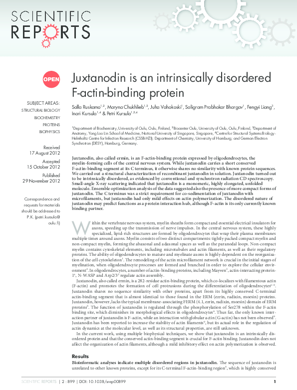 Pdf Juxtanodin Is An Intrinsically Disordered F Actin Binding Protein