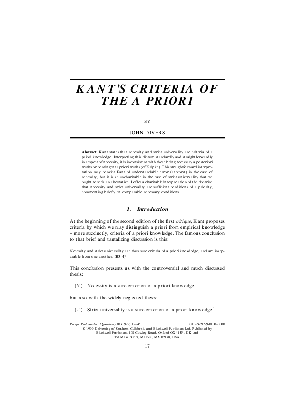(PDF) Kant's Criteria of the A Priori