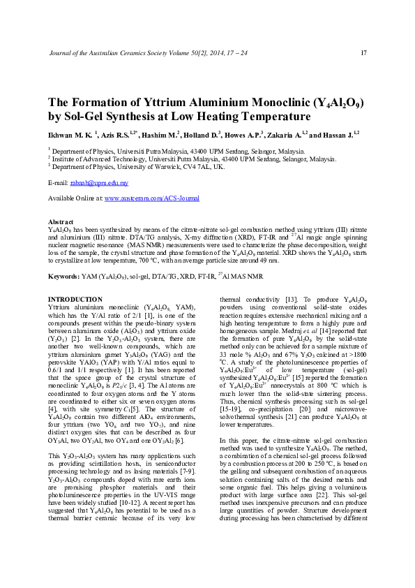 (PDF) The Formation of Yttrium Aluminium Monoclinic (Y4Al2O9) by Sol ...