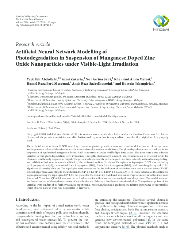 (PDF) Artificial Neural Network Modelling of Photodegradation in Suspension of Manganese Doped ...