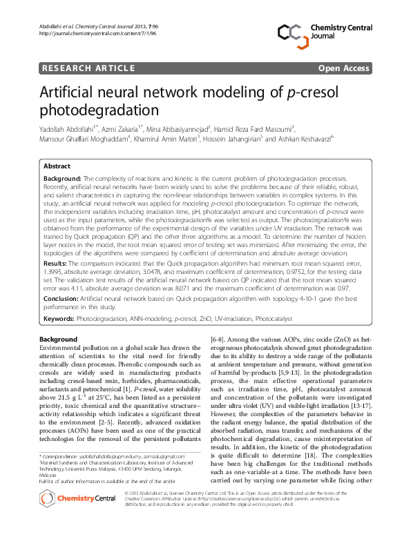 (PDF) Artificial neural network modeling of p-cresol photodegradation