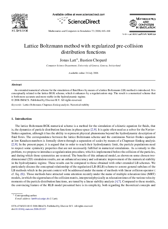 (PDF) Lattice Boltzmann method with regularized pre-collision distribution functions