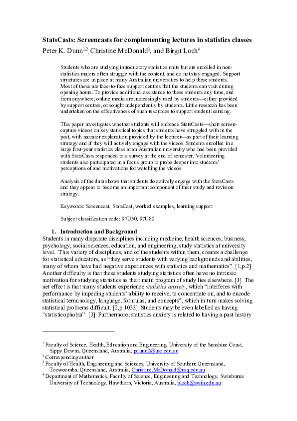 (PDF) StatsCasts: screencasts for complementing lectures in statistics classes