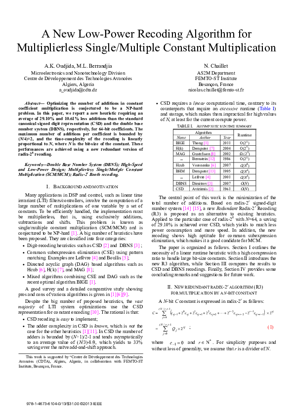 Pdf A New Low Power Recoding Algorithm For Multiplierless Single