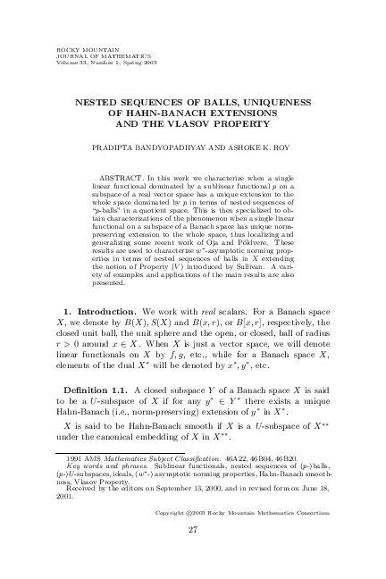 (PDF) Nested Sequences of Balls, Uniqueness of Hahn-Banach Extensions and the Vlasov Property