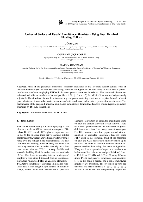 Pdf Universal Series And Parallel Immittance Simulators Using Four Terminal Floating Nullors
