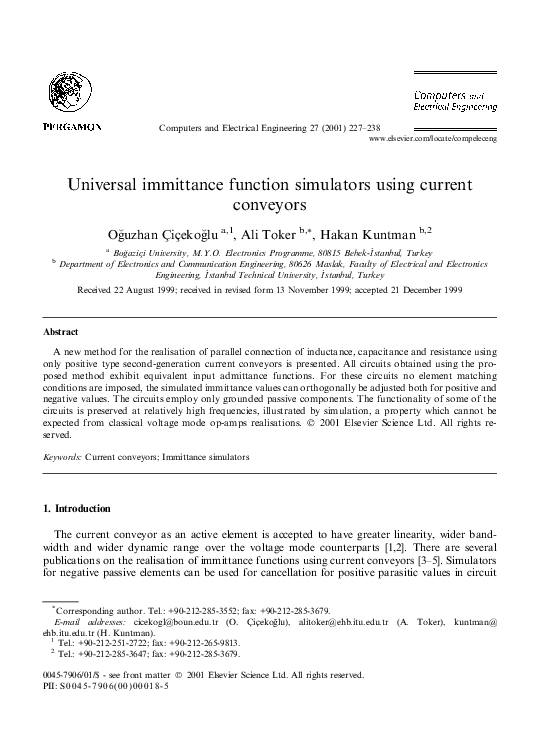 (PDF) Universal immittance function simulators using current conveyors