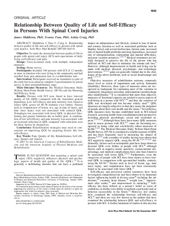 (PDF) Relationship Between Quality of Life and Self-Efficacy in Persons With Spinal Cord Injuries