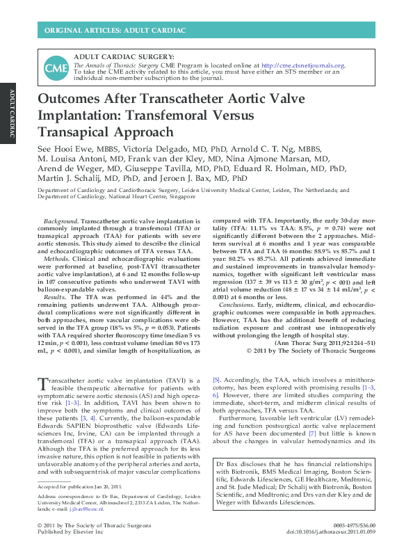 (PDF) Outcomes After Transcatheter Aortic Valve Implantation: Transfemoral Versus Transapical ...