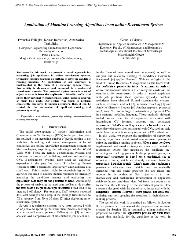 Pdf Application Of Machine Learning Algorithms To An Online Recruitment System