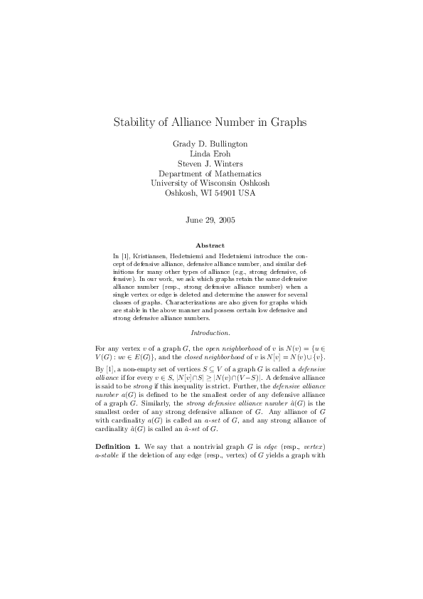 (PDF) Stability of Alliance Number in Graphs | Linda Eroh - Academia.edu