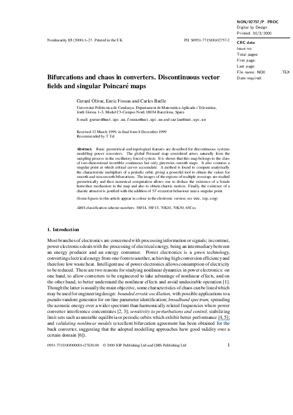 (PDF) Bifurcations and chaos in converters. Discontinuous vector fields and singular Poincaré maps