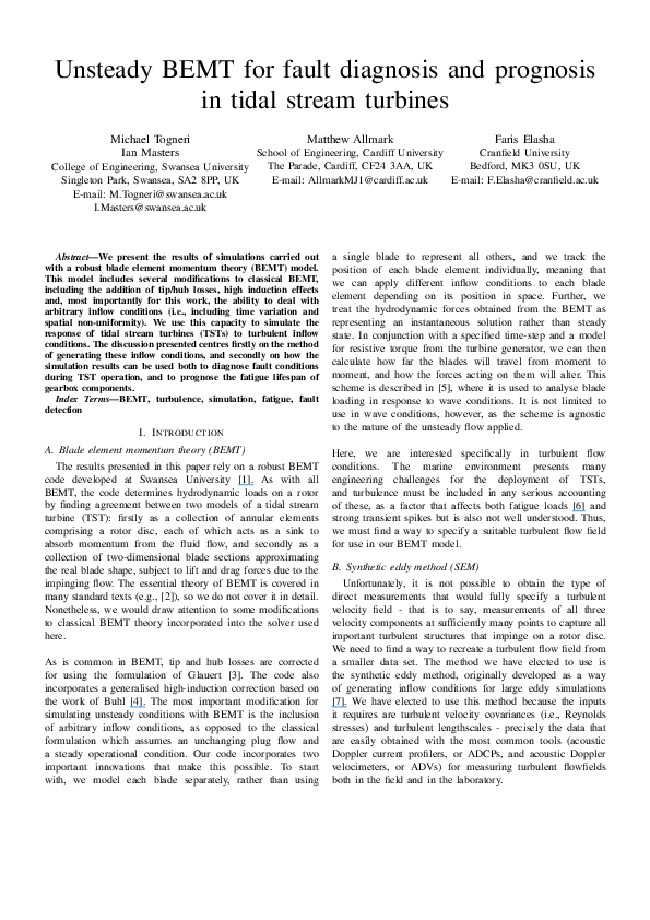 (PDF) Unsteady BEMT for fault diagnosis and prognosis in tidal stream turbines
