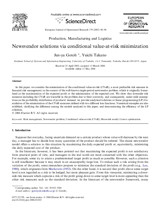 (PDF) Newsvendor solutions via conditional value-at-risk minimization