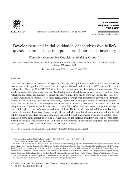 (PDF) Development and initial validation of the obsessive beliefs questionnaire and the ...