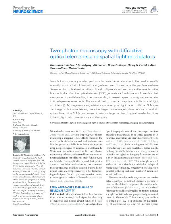 (PDF) Two-photon microscopy with diffractive optical elements and spatial light modulators