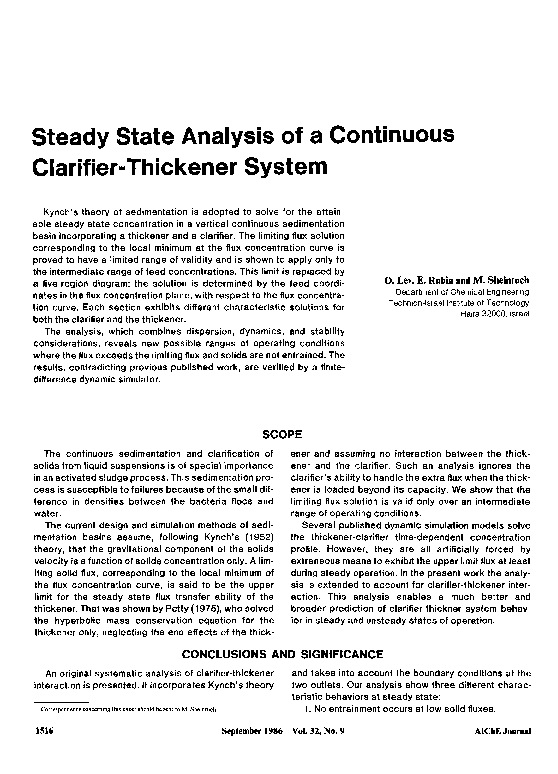 (PDF) Steady state analysis of a continuous clarifier-thickener system