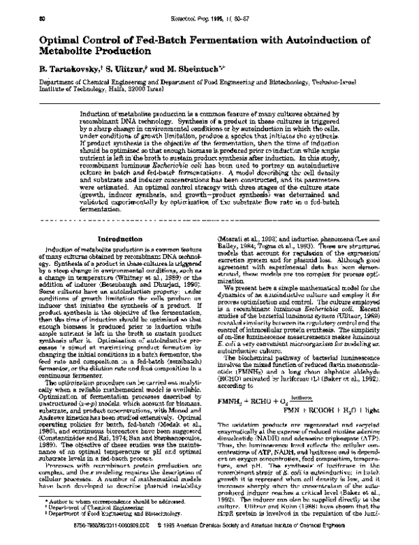 (PDF) Optimal control of fed-batch fermentation with autoinduction of metabolite production