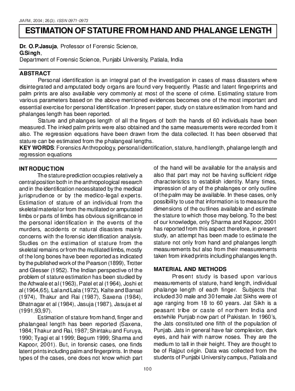 (PDF) Estimation of stature from hand and phalange length