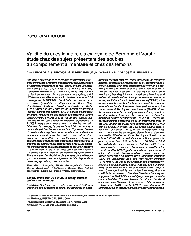 (PDF) Validité du questionnaire d’alexithymie de Bermond et Vorst ...