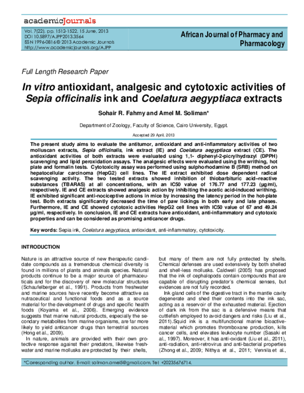 (PDF) In vitro antioxidant, analgesic and cytotoxic activities of Sepia ...