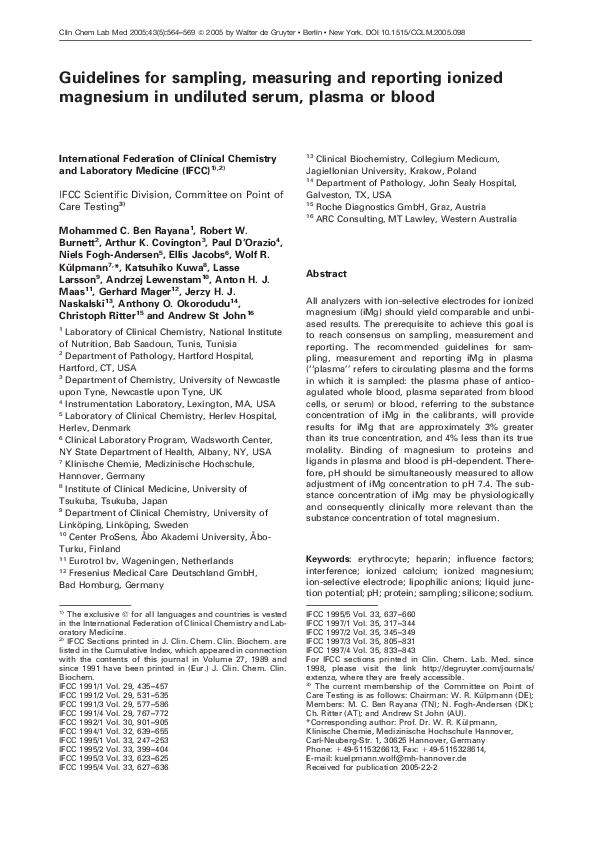 (PDF) IFCC Guideline for sampling, measuring and reporting ionized ...