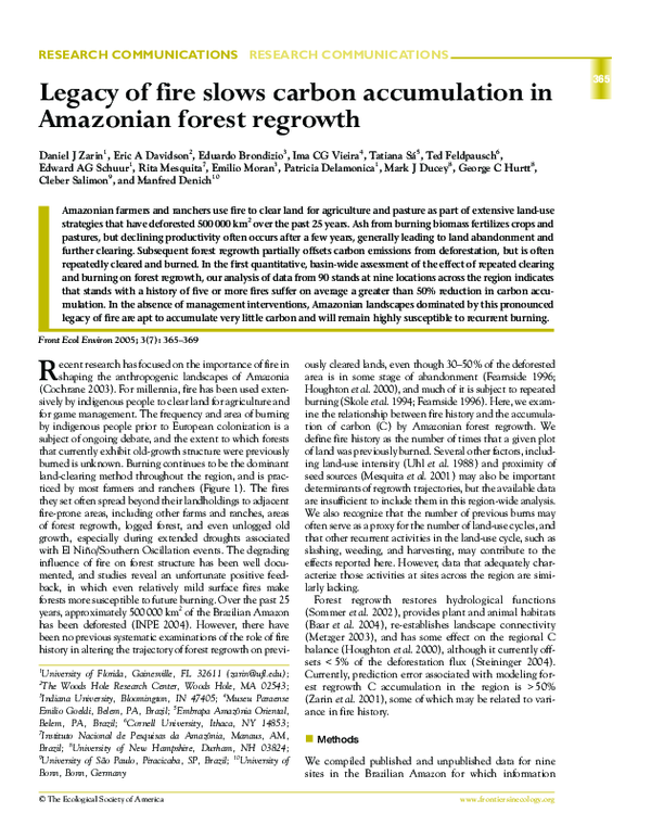 (PDF) Legacy of fire slows carbon accumulation in Amazonian forest regrowth