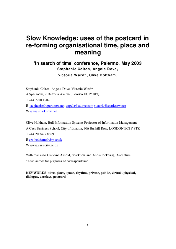 (PDF) Slow Knowledge: uses of the postcard in re-forming organisational ...