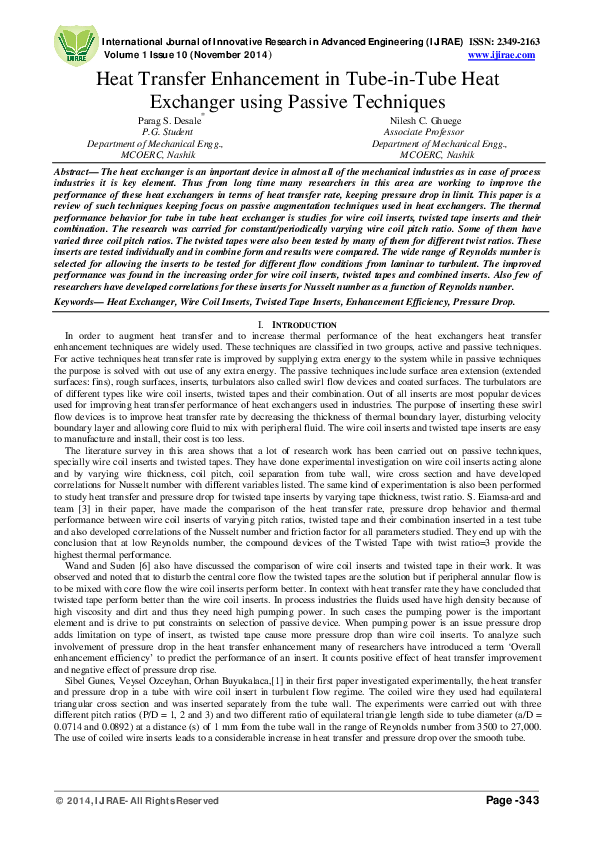 (PDF) Heat Transfer Enhancement in Tube-in-Tube Heat Exchanger using ...