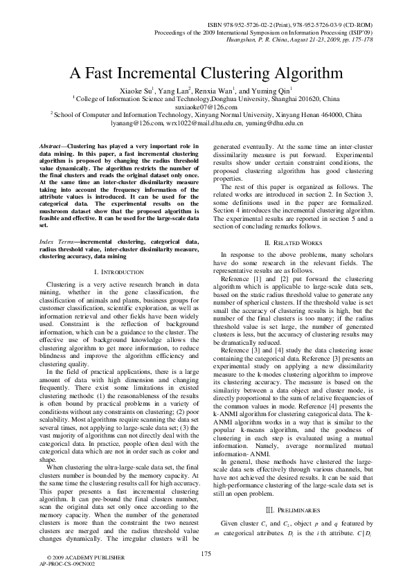 Pdf A Fast Incremental Clustering Algorithm