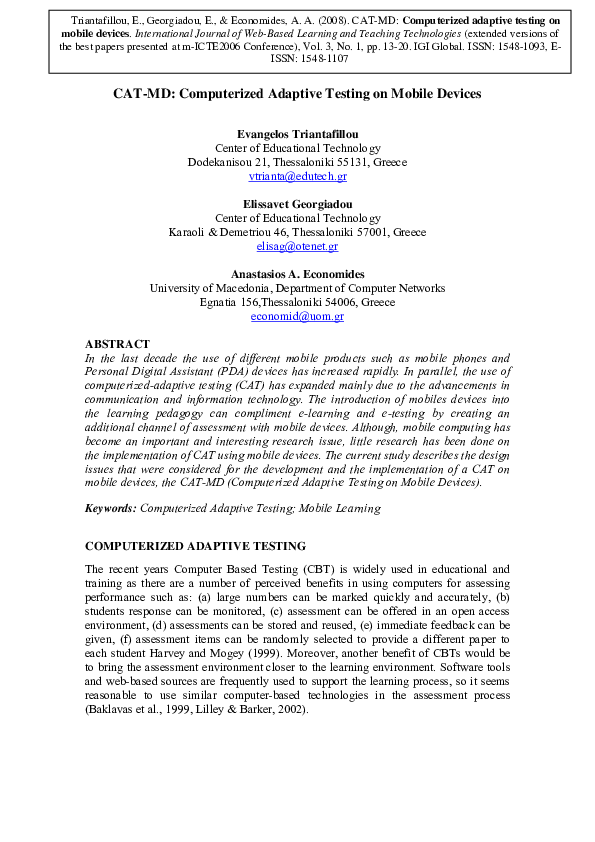 Pdf Cat Md Computerized Adaptive Testing On Mobile Devices