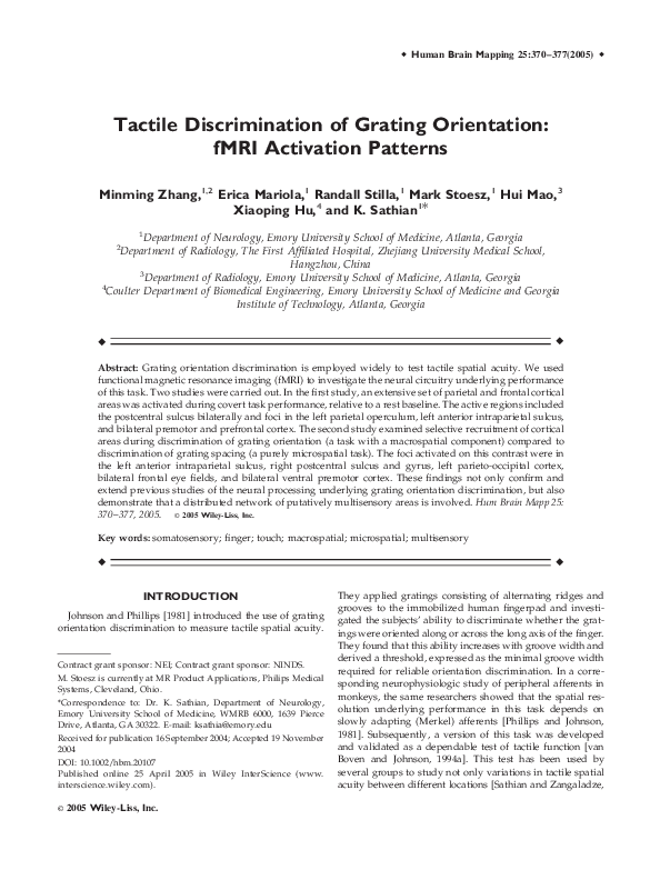 (PDF) Tactile discrimination of grating orientation: fMRI activation ...