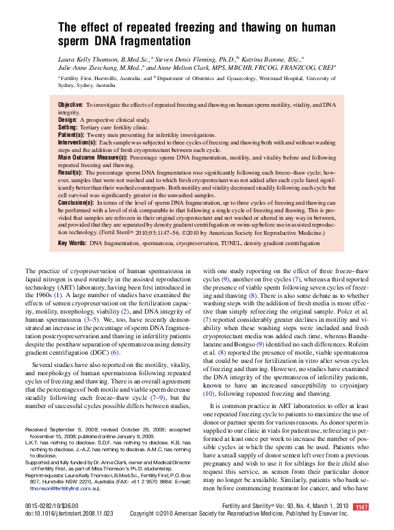 (PDF) The effect of repeated freezing and thawing on human sperm DNA fragmentation
