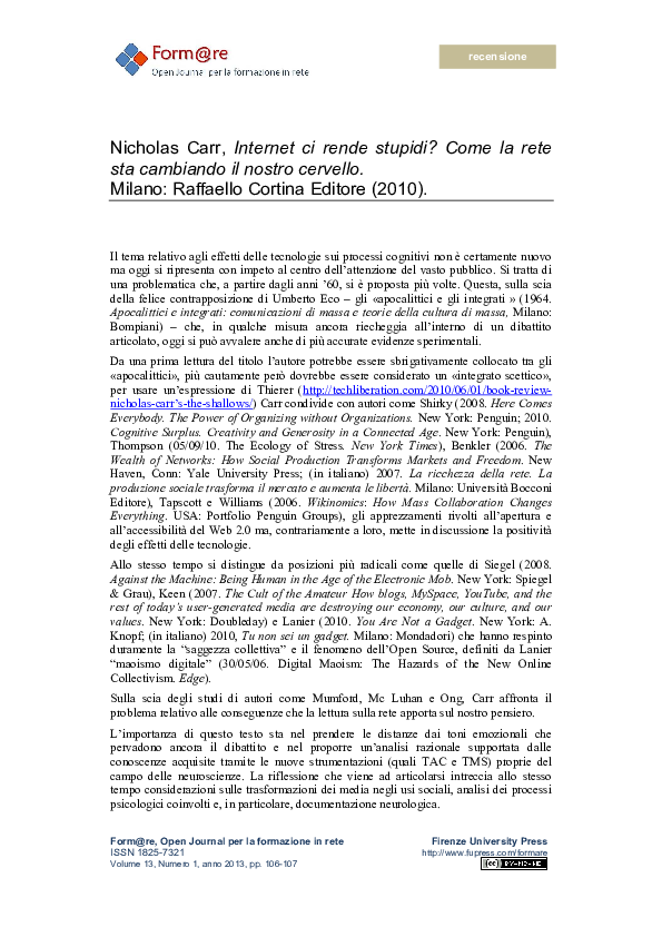(PDF) Nicholas Carr, Internet ci rende stupidi? Come la rete sta ...