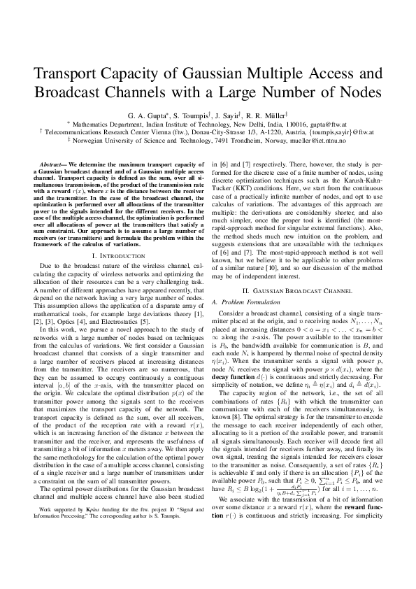 (PDF) Transport capacity of Gaussian multiple access and broadcast channels with a large number ...