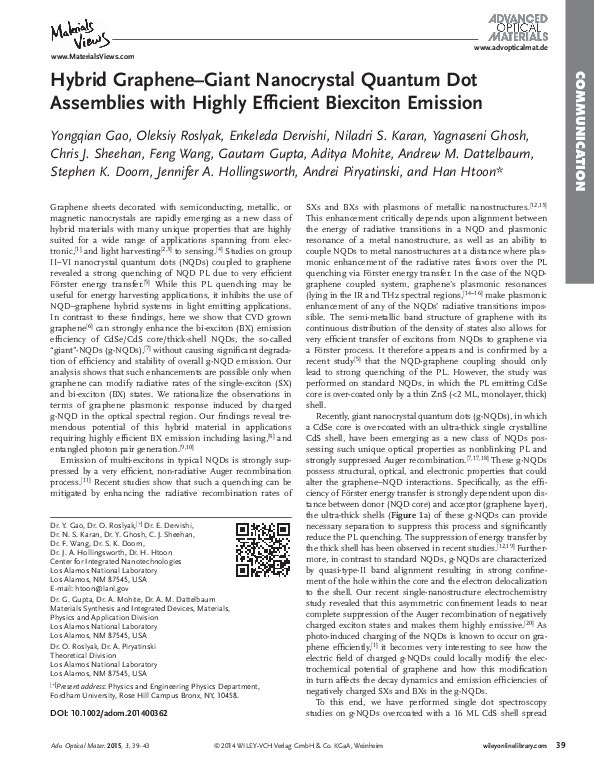 (PDF) Hybrid Graphene-Giant Nanocrystal Quantum Dot Assemblies with ...