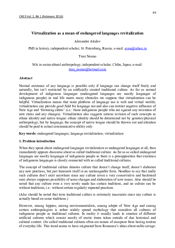 Virtualization as a mean of endangered languages revitalization