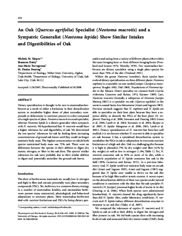 (PDF) An Oak ( Quercus agrifolia ) Specialist ( Neotoma macrotis ) and ...