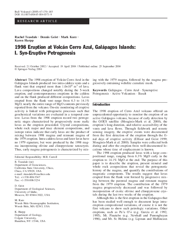 (PDF) 1998 Eruption at Volc n Cerro Azul, Gal pagos Islands: I. Syn ...