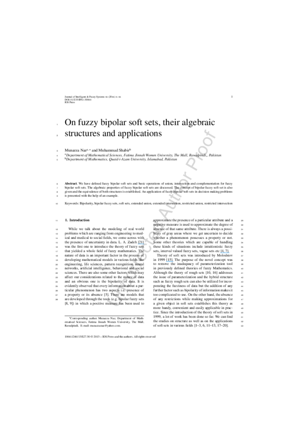(PDF) On fuzzy bipolar soft sets, their algebraic structures and applications