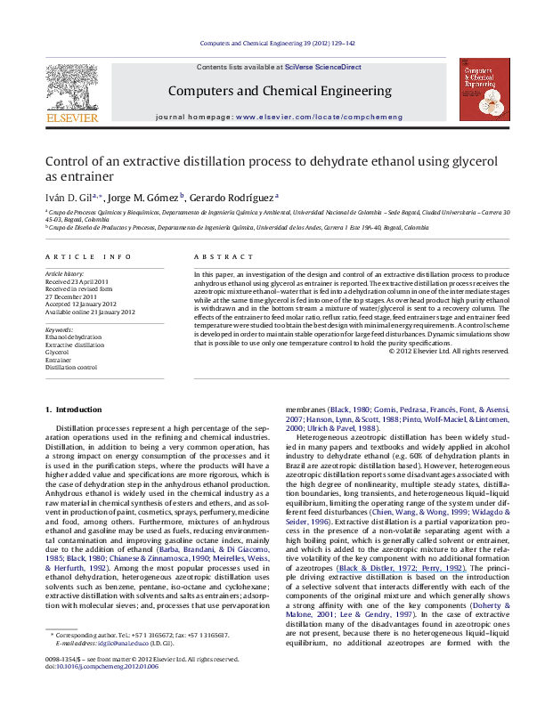 Pdf Control Of An Extractive Distillation Process To Dehydrate Ethanol Using Glycerol As Entrainer