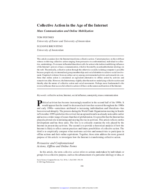 (PDF) Collective action in the age of internet: Mass communication and ...