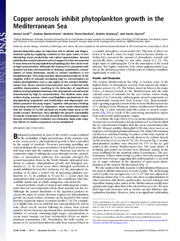 (PDF) Copper aerosols inhibit phytoplankton growth in the Mediterranean Sea