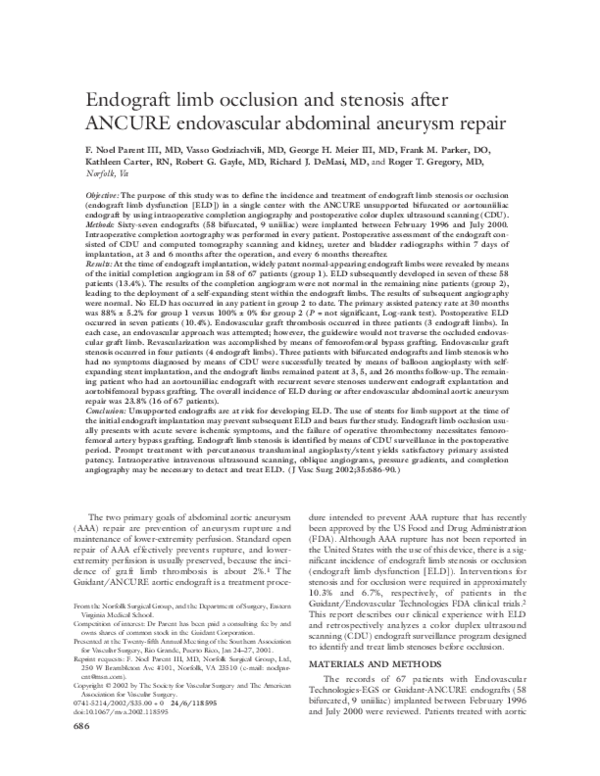 (PDF) Endograft limb occlusion and stenosis after ANCURE endovascular ...