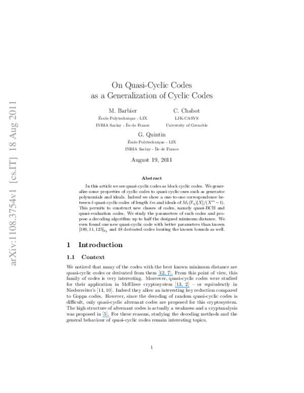 (PDF) On quasi-cyclic codes as a generalization of cyclic codes